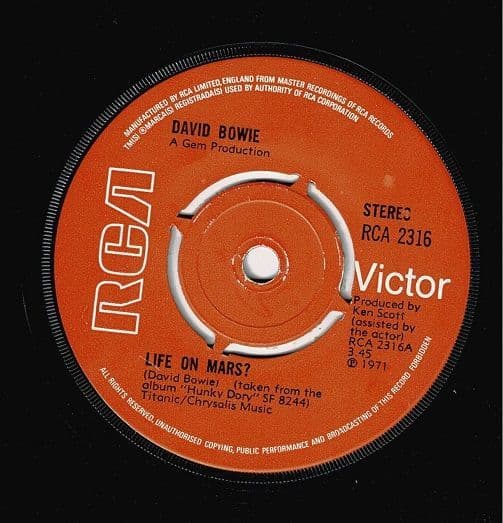 DAVID BOWIE Life On Mars Vinyl Record 7 Inch RCA Victor 1973